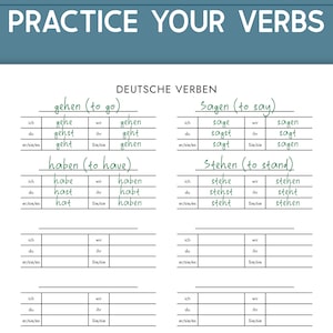 Printable German Verb Table Practice, German Verb Conjugation Worksheet ...