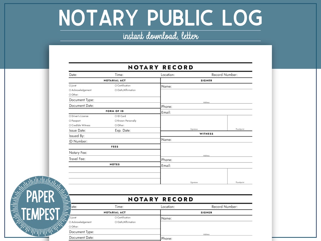 Printable Notary Public Log Template, Notary Public Journal, Notary ...