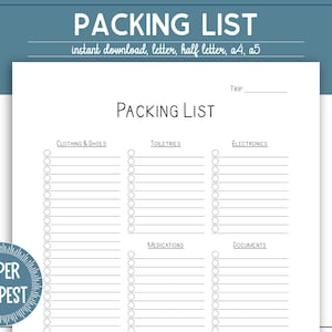 Printable Packing Checklist Planner, Vacation Packing Tracker, Travel ...