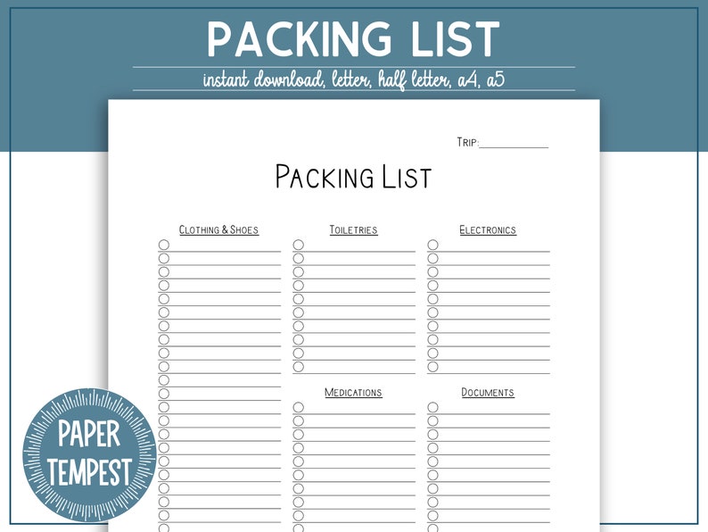 Printable Packing Checklist Planner, Vacation Packing Tracker, Travel ...