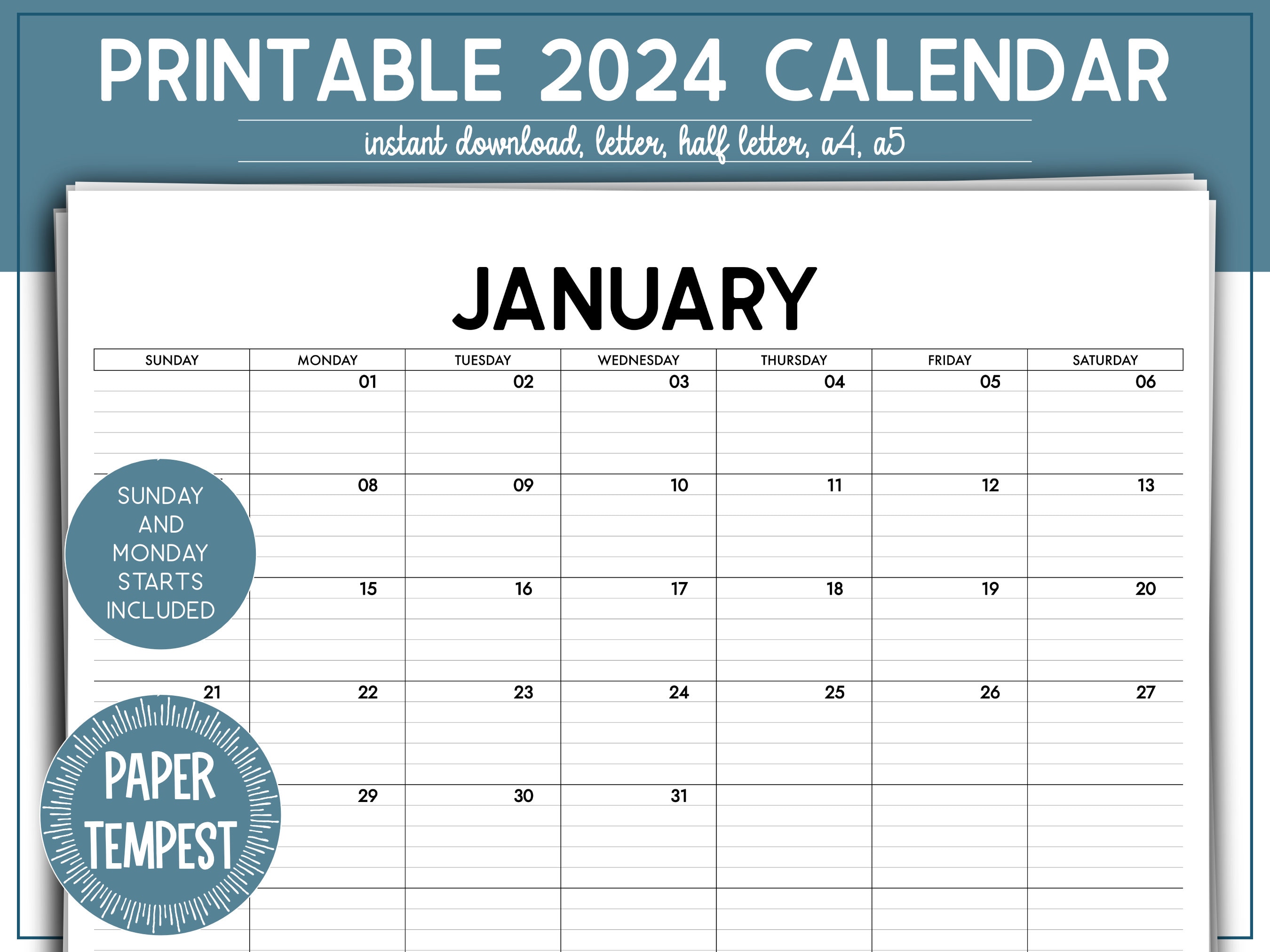 2024 Printable Calendar Landscape, Lined Monthly Calendar Planner ...