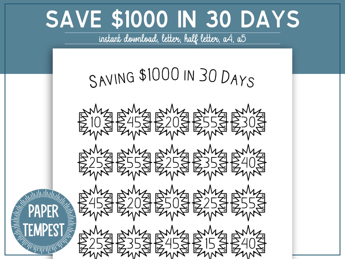 Saving 1000 in 30 Days Tracker Printable, Savings Challenge Tracker ...