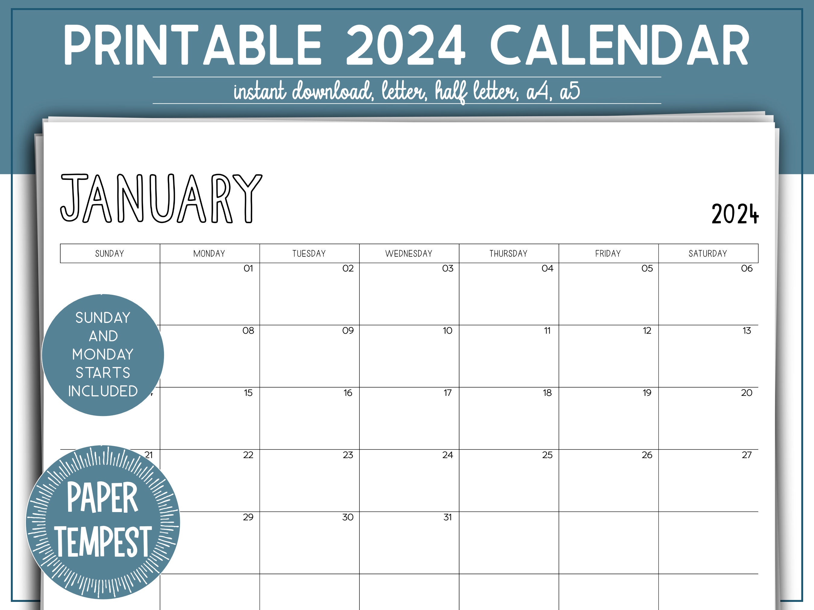 2024 Printable Calendar Landscape, Classic Monthly Calendar Planner ...