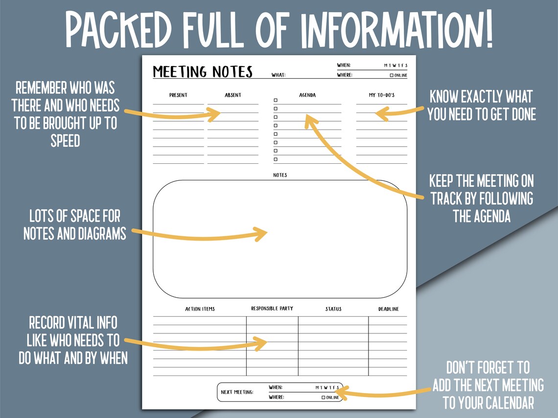 Printable Meeting Notes Template, Work Meeting Minutes Template ...