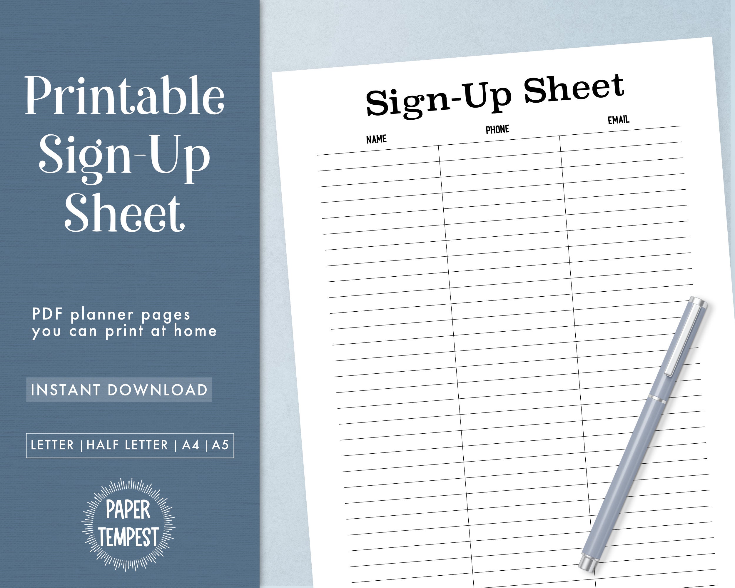 Printable Sign-up Sheet PDF, Contact Information Sheet, Volunteer Sign ...