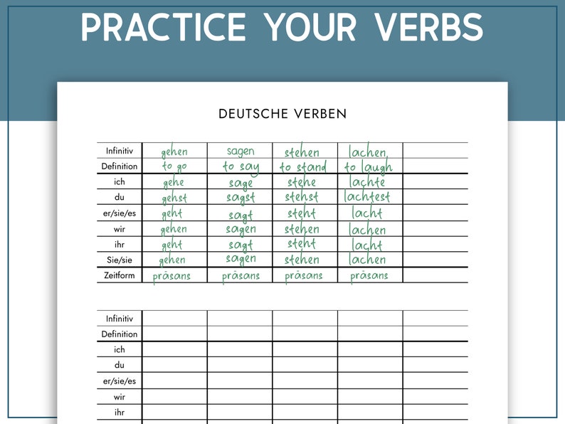 Printable German Verb Table Practice German Verb Conjugation - Etsy