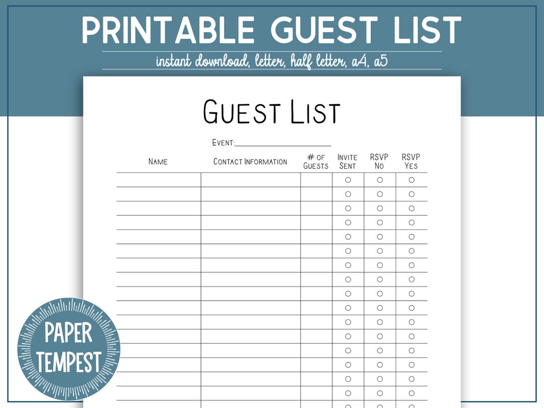 Printable Guest List Template, Printable Event Planner Log Template ...