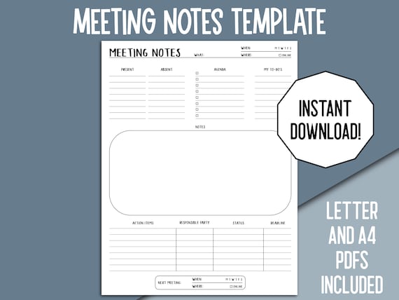 Printable Meeting Notes Template Work Meeting Minutes | Etsy