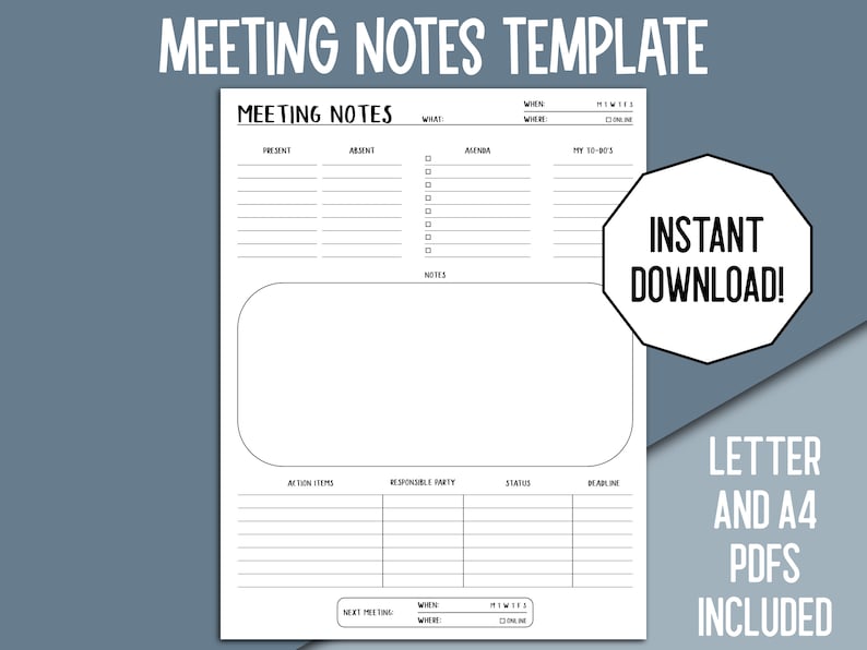 Printable Meeting Notes Template, Work Meeting Minutes Template ...