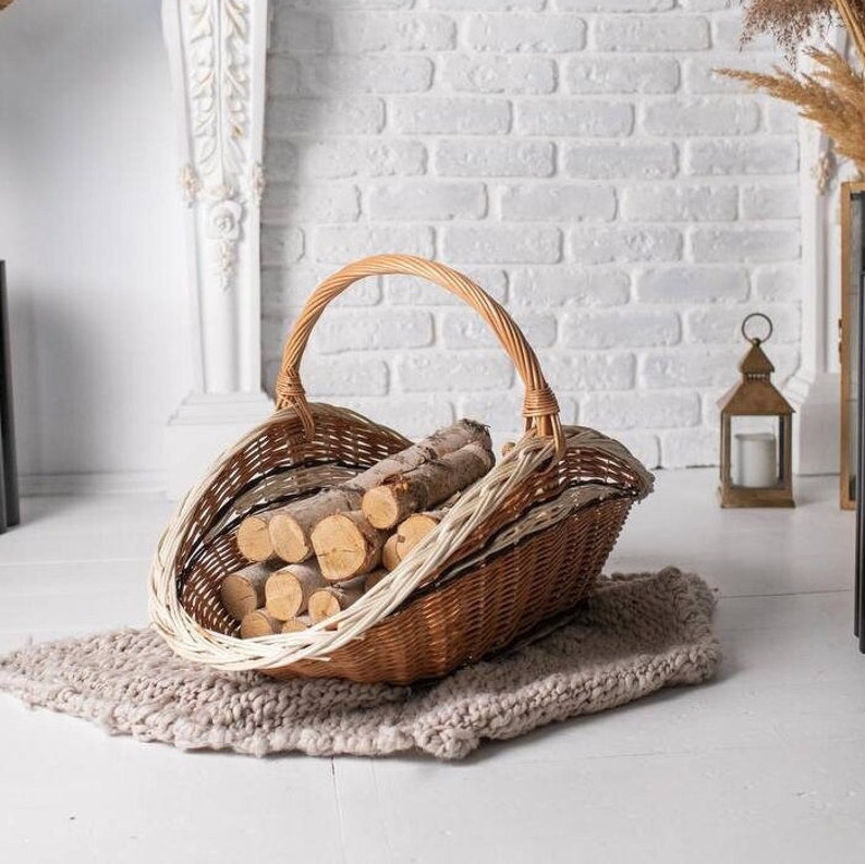 Rustic Gathering Basket, Firewood Basket With Handle, Boho Style Woven ...