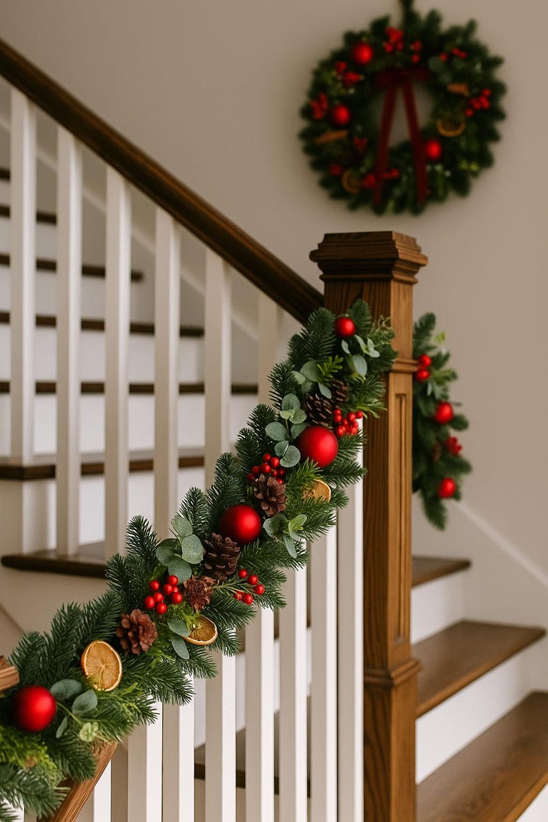 Christmas Staircase Garland: Holiday Pine, Red Berries & Warm Lights - Etsy