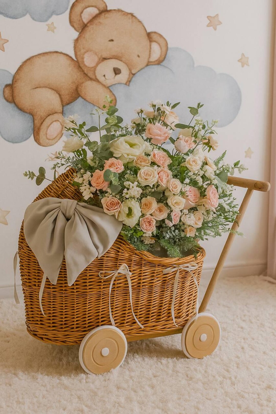 Natural Wicker Baby Carriage, Doll Stroller, Push Toy for Toddler Girls ...
