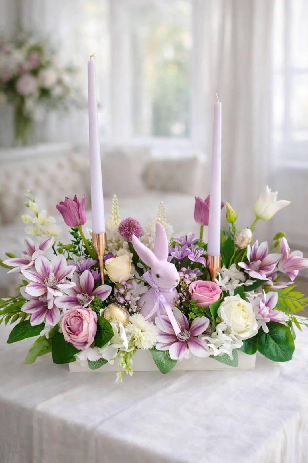 Spring Easter Bunny Centerpiece – Pastel Floral Table Decor in Wooden ...