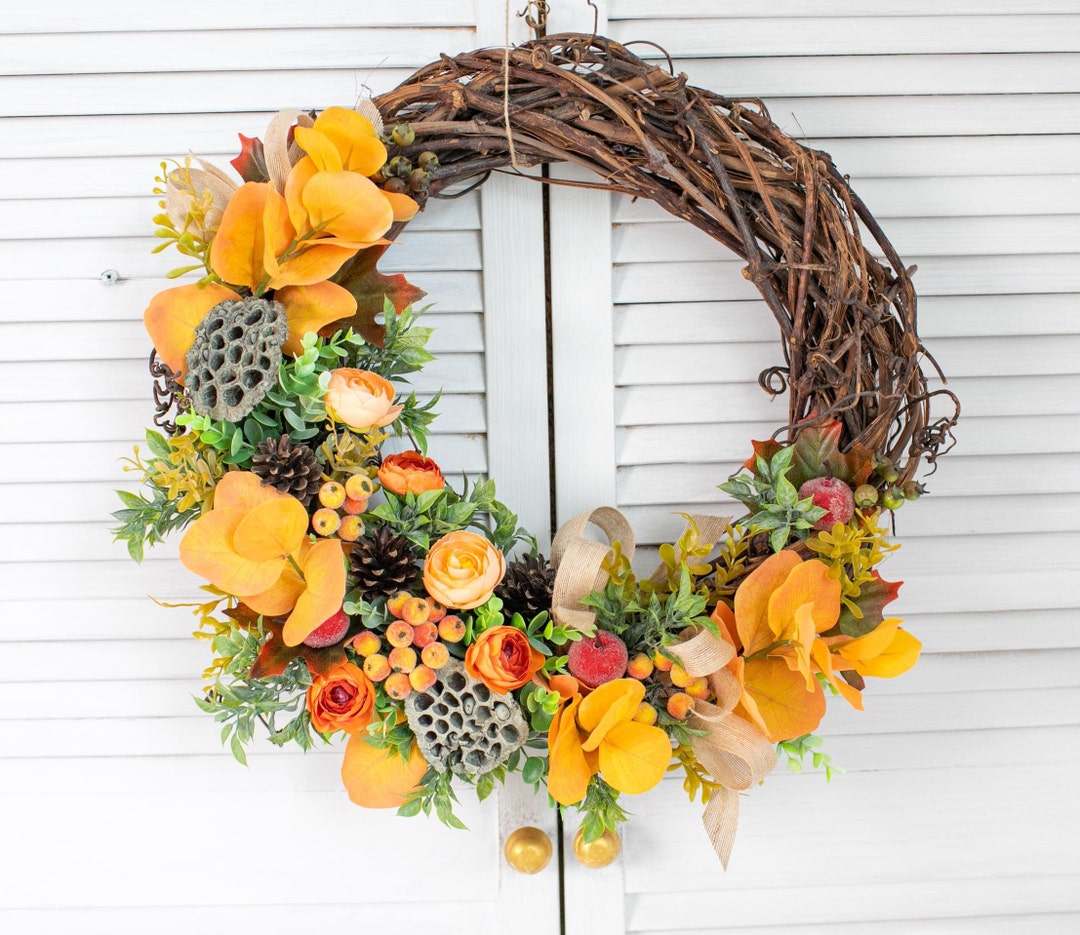 Autumn Wreath, Fall Harvest Wreath, Fall Peonies and Pumpkins Wreath ...