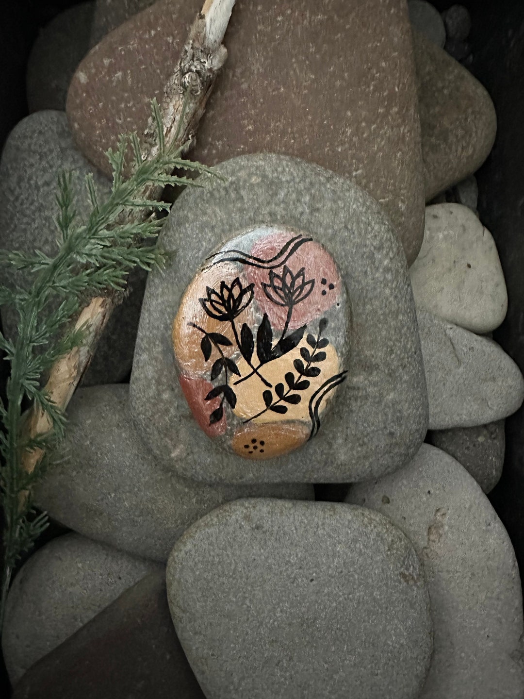 Boho Painted Rock, Kindness Rock, Metallic, Flowers, Leaves - Etsy