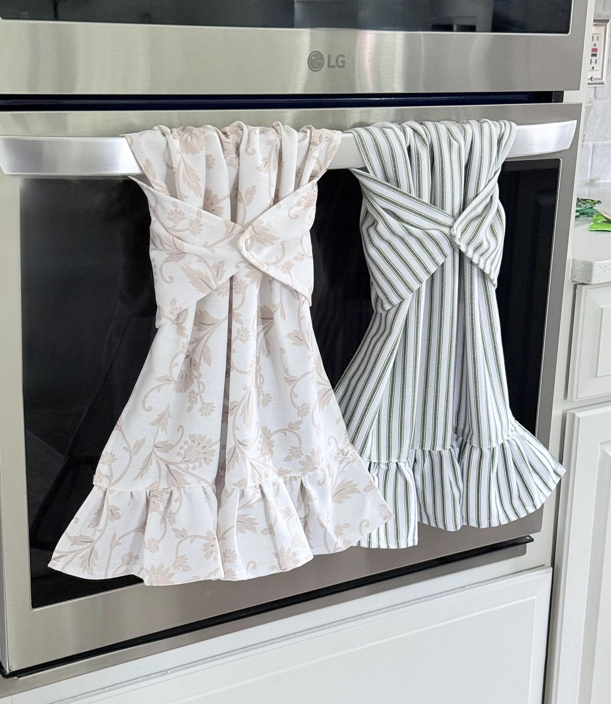 Neutral Floral and Green Ruffle Kitchen Towel, Farmhouse Ticking Stripe ...
