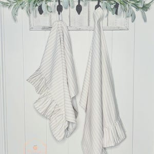 Neutral Ticking Stripe Kitchen Towels With Ruffle, Stay Put Towel, Dish ...