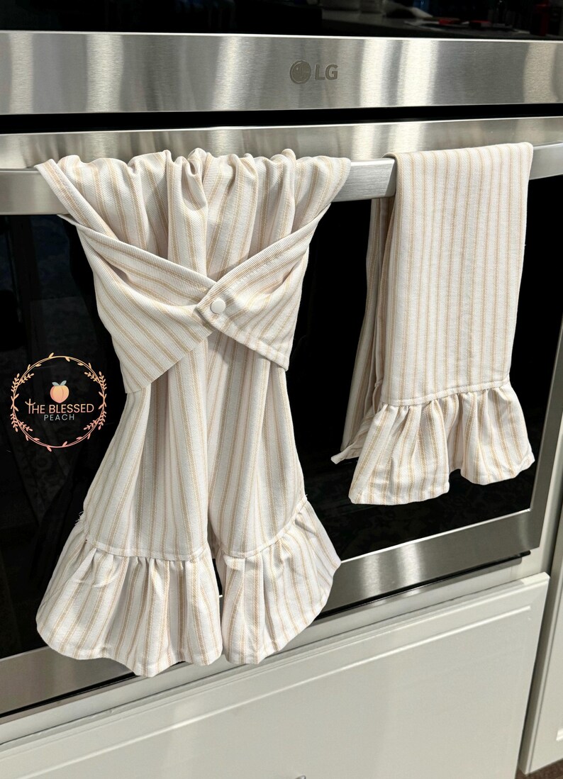 Neutral Ticking Stripe Kitchen Towels With Ruffle, Stay Put Towel, Dish ...