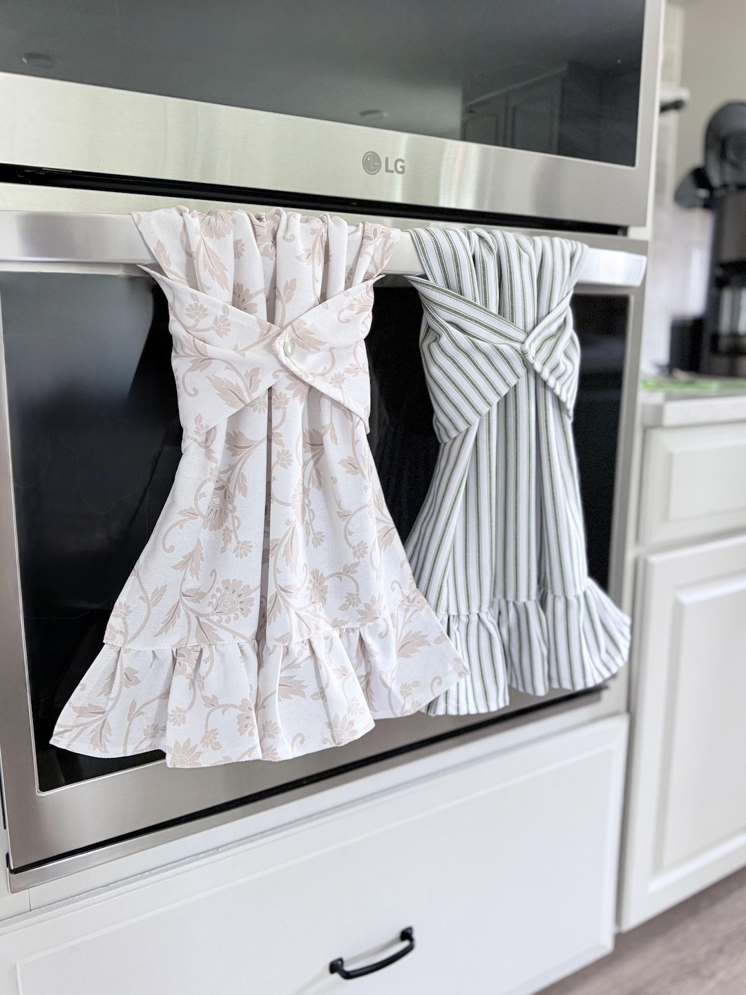 Neutral Floral and Green Ruffle Kitchen Towel, Farmhouse Ticking Stripe ...