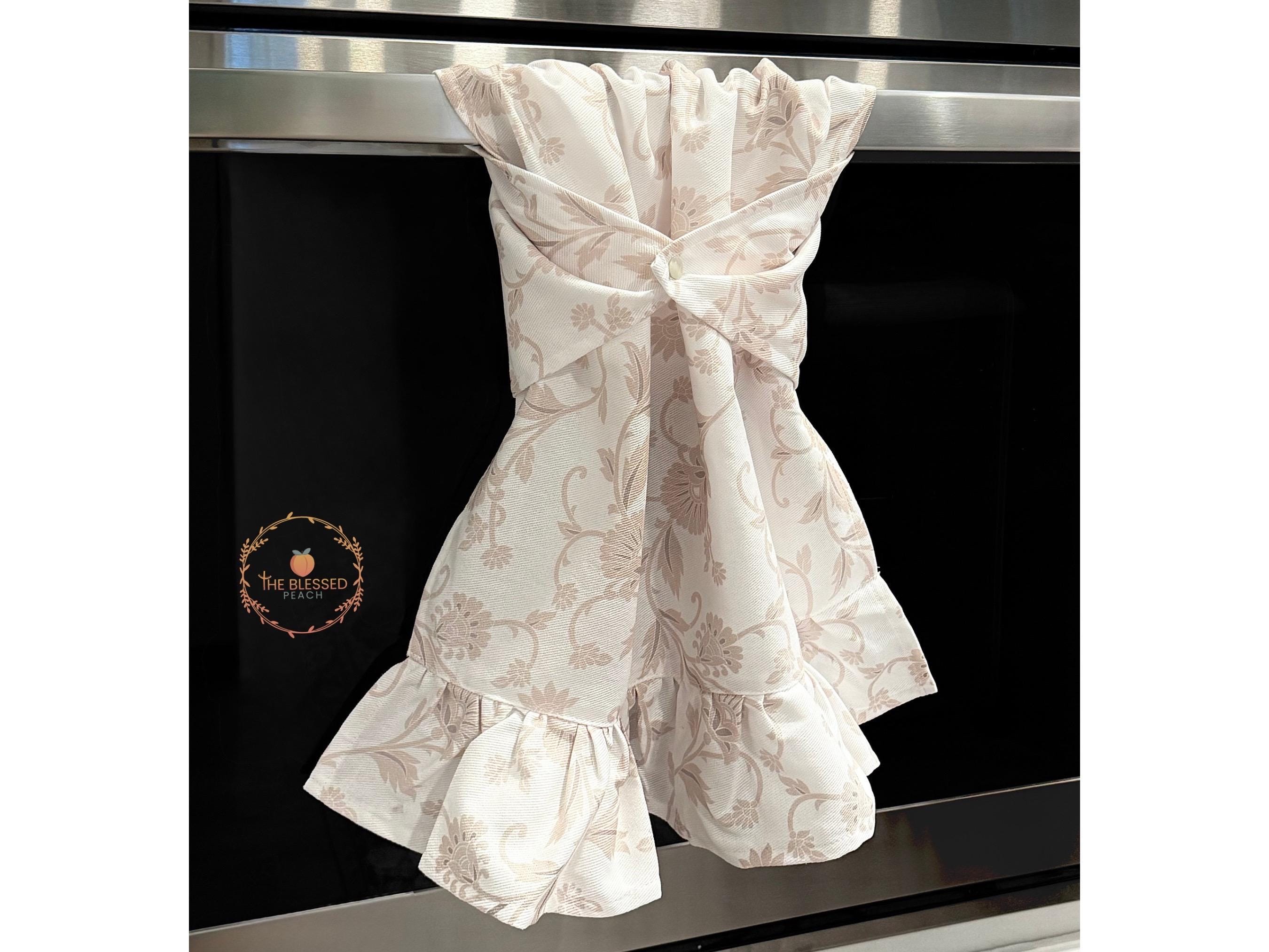 Floral Ruffle Kitchen Towel: Tan Neutral Farmhouse Dish Towel, Beige ...