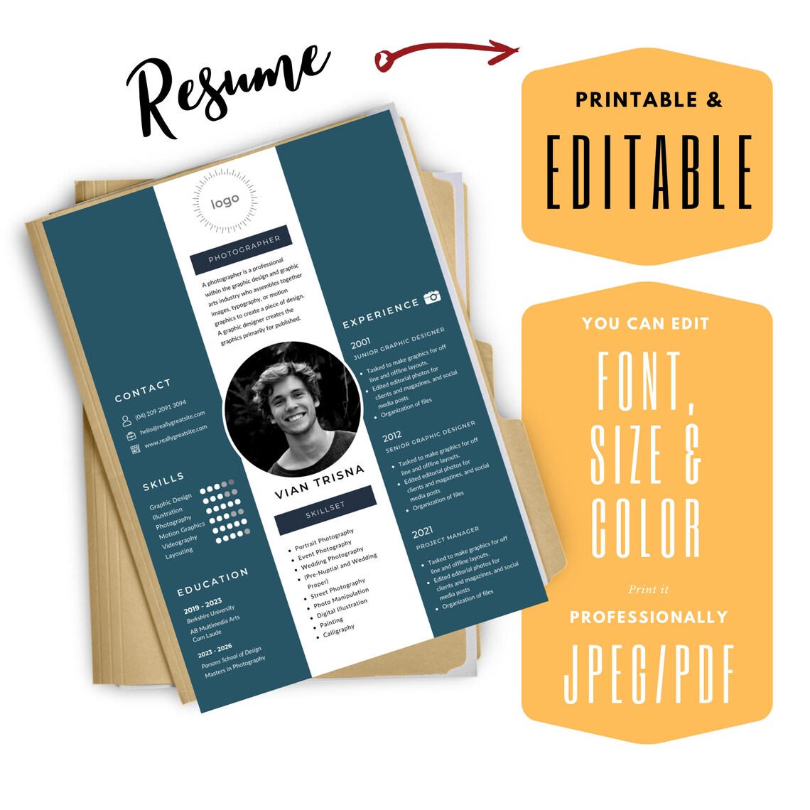 Eye catchy Resume-easy editable blue template colourful | Etsy