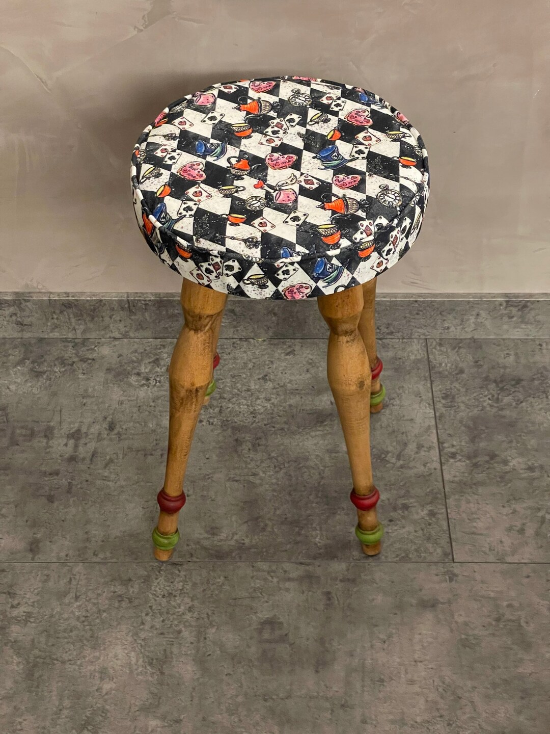 Decorative Pouf With Alice in Wonderland Design, Wooden Leg, , Alice in ...