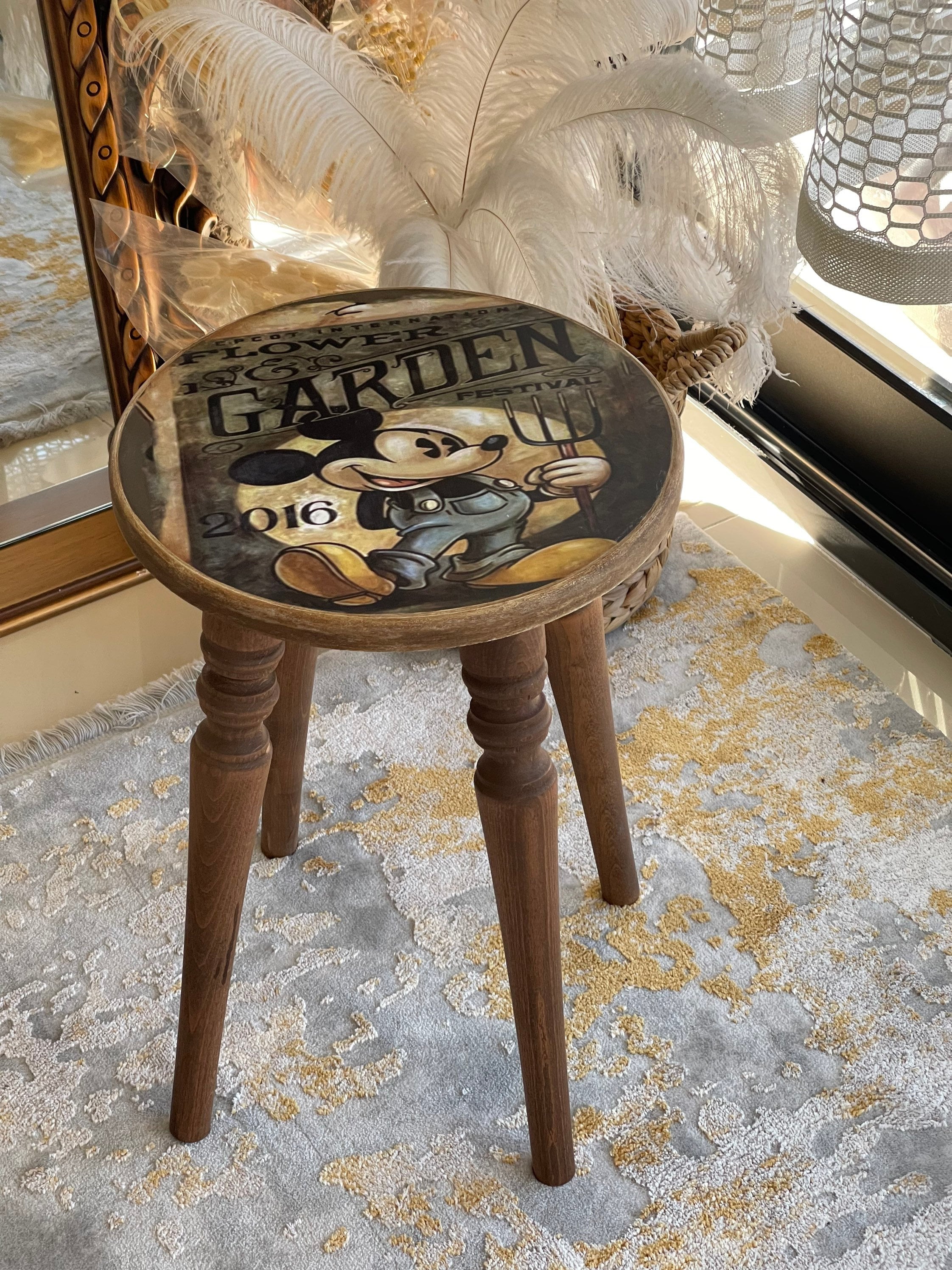 Mickey Mouse Vintage Wooden Stool,mickey Pouffe,mickey & Minnie Mouse ...