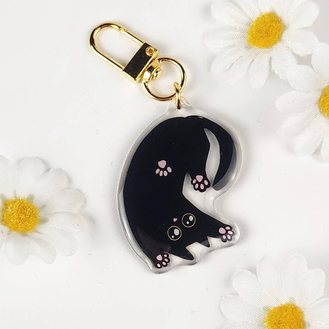 Silly Black Cat Acrylic Keychain, Hand Drawn Art, Epoxy Coated, Gold ...