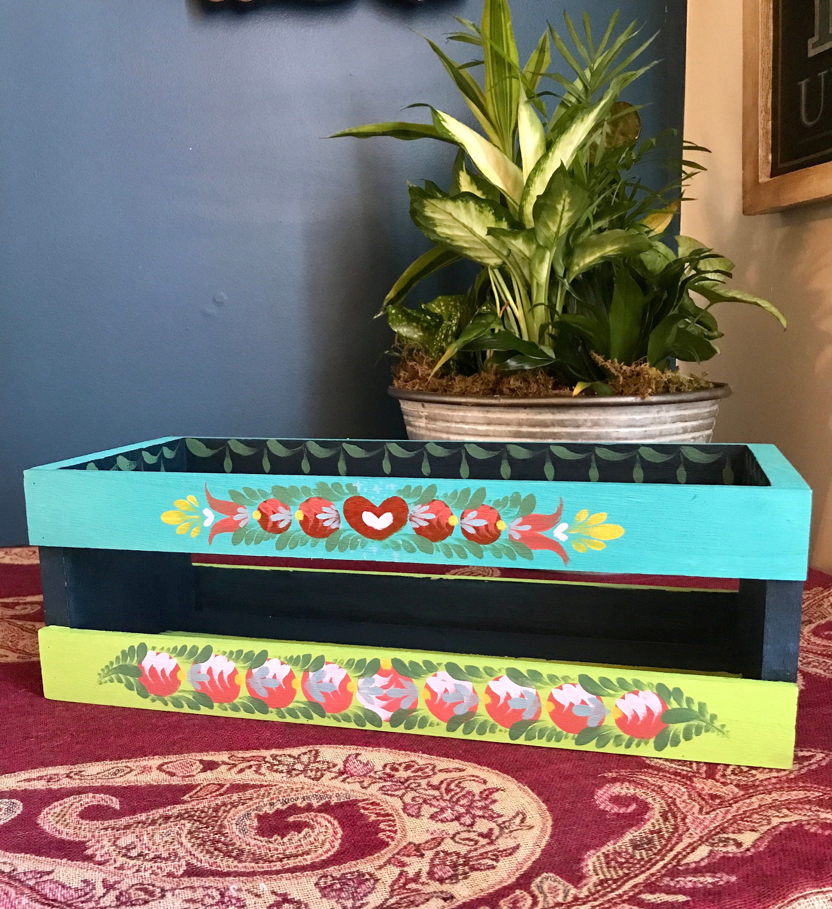 Hand Painted Wooden Crate, Folk Art Style Home Decor, One of a Kind ...