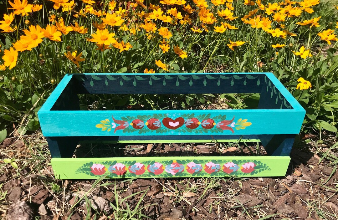 Hand Painted Wooden Crate, Folk Art Style Home Decor, One of a Kind ...