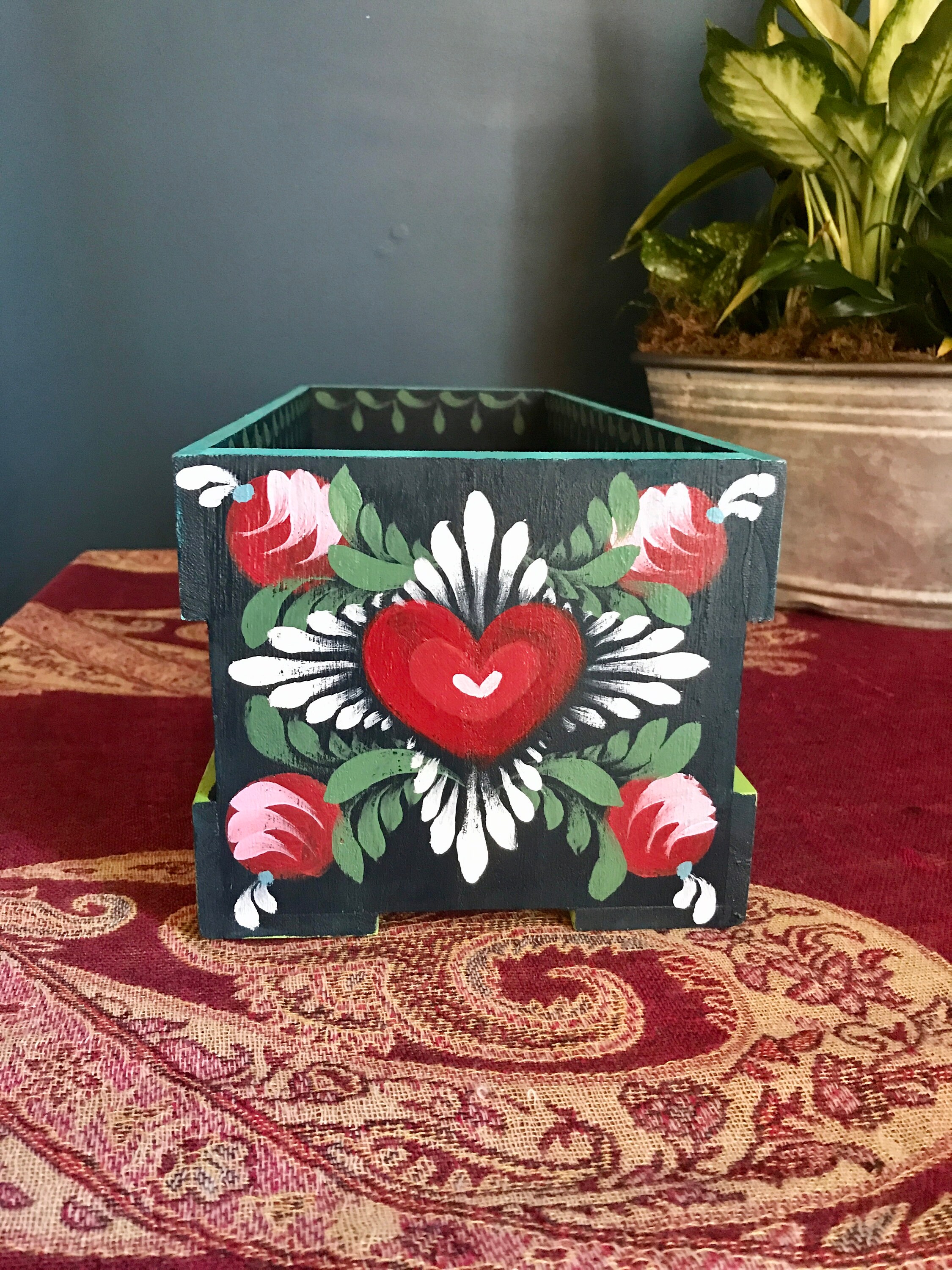 Hand Painted Wooden Crate, Folk Art Style Home Decor, One of a Kind ...