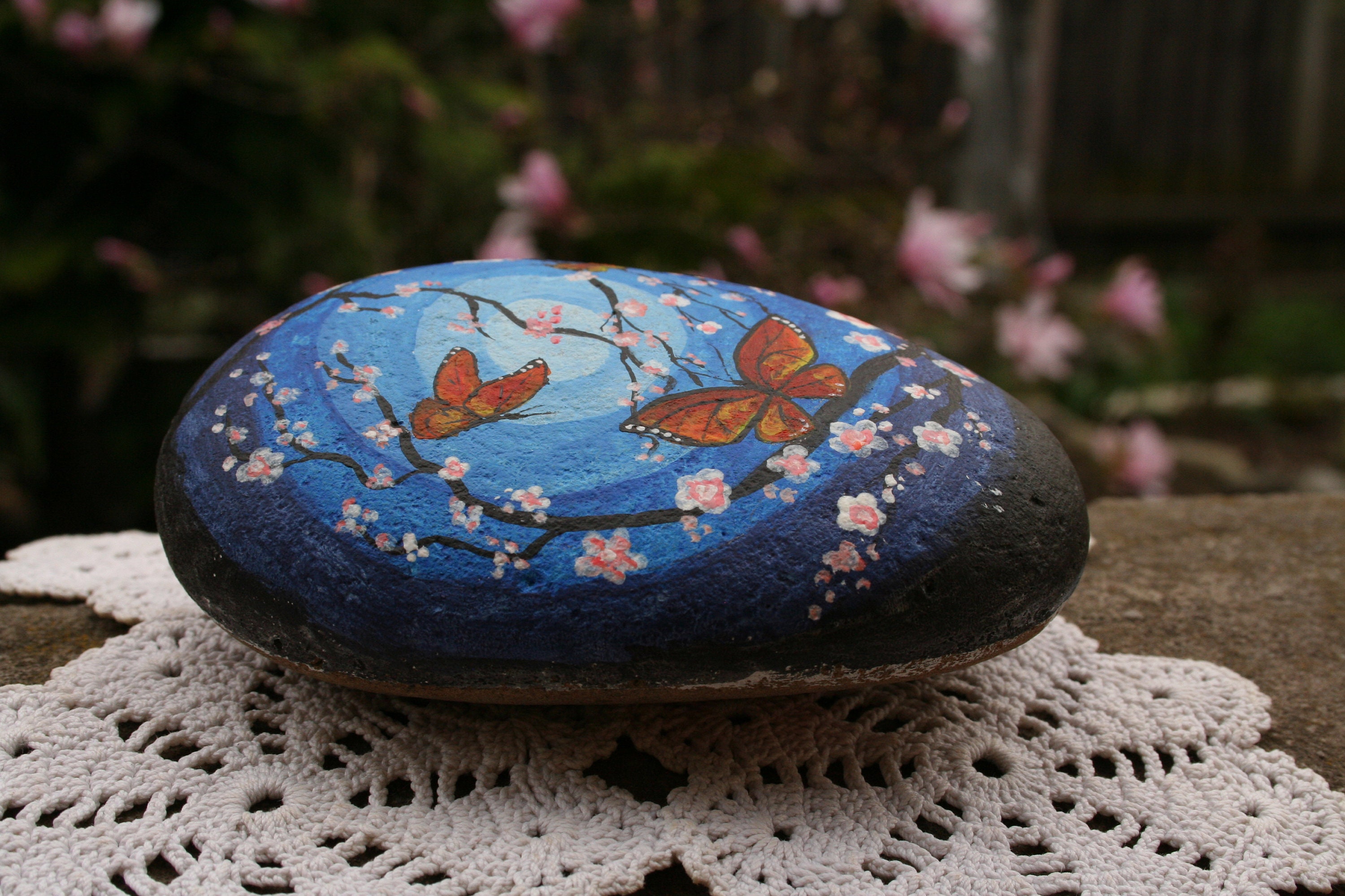 Painted Stone Cherry Blossom, Painted Stone Butterfly, Sakura Blossom ...