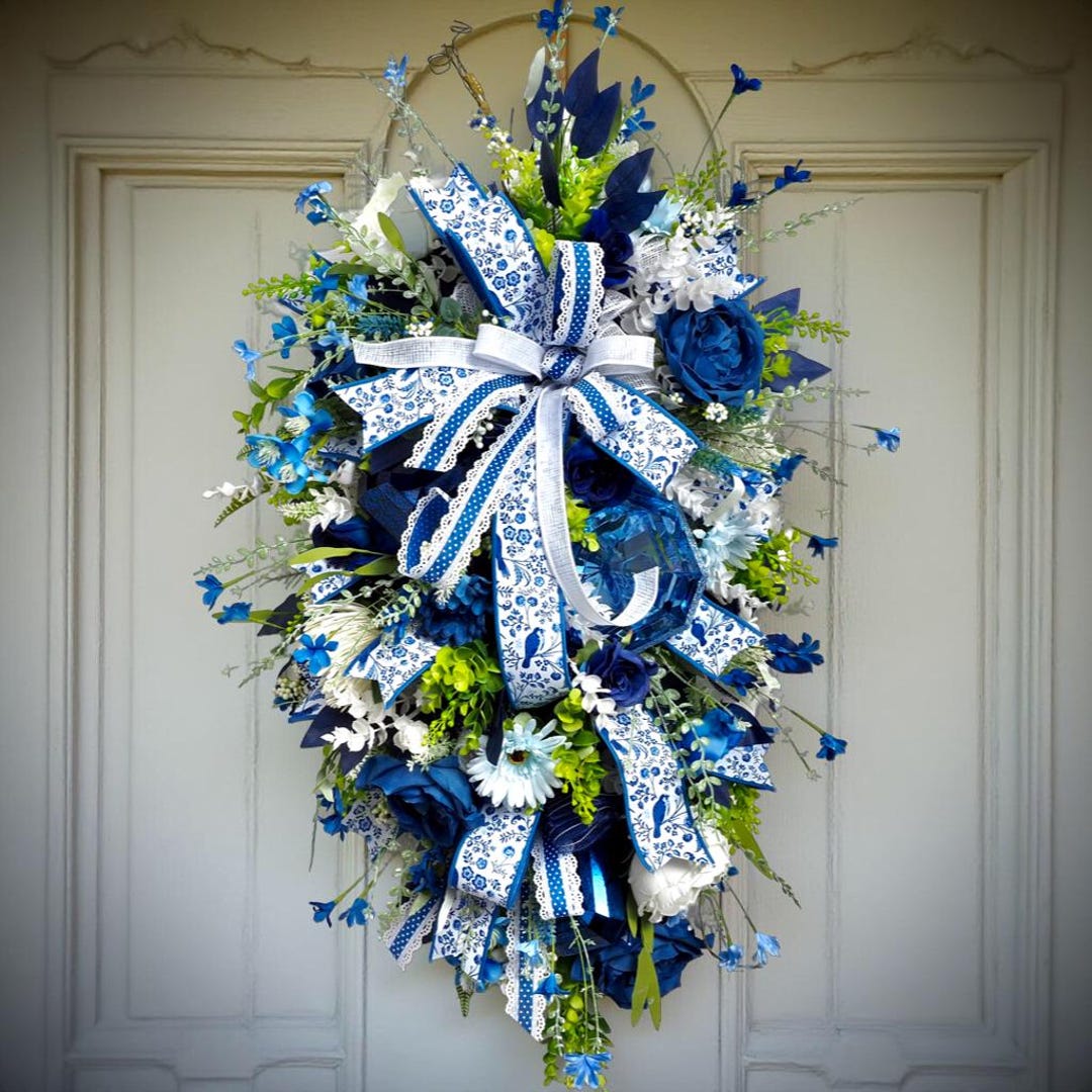 Xlg Blue and White Door Swag, Elegant Floral Wreath With Gems ...