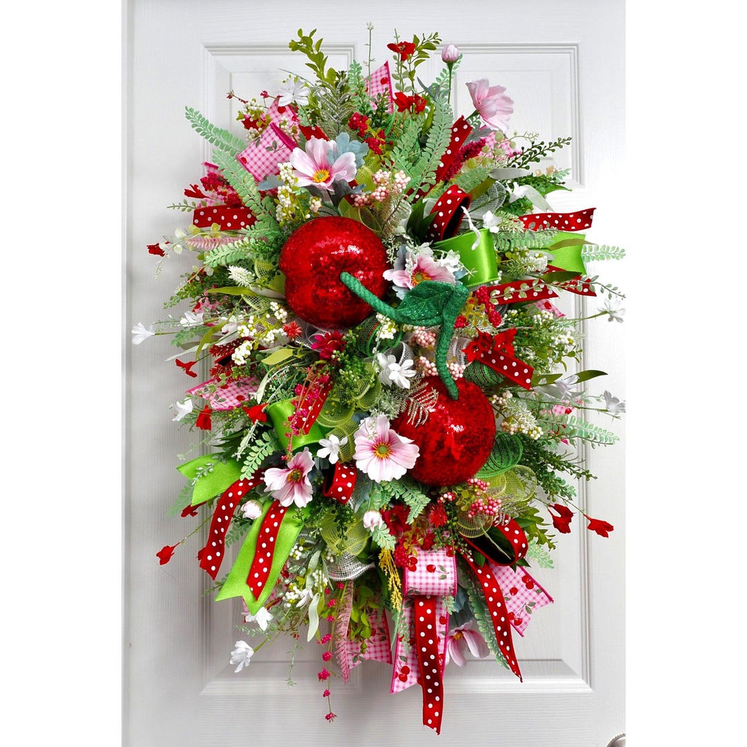 Cherry Wreath for Front Door, Summer Cherry Swag, Red Polka Dot Gingham ...