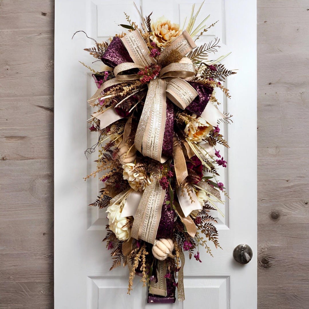 XL Elegant Fall Door Swag With Gold, Burgundy/plum and Beige Velvet ...
