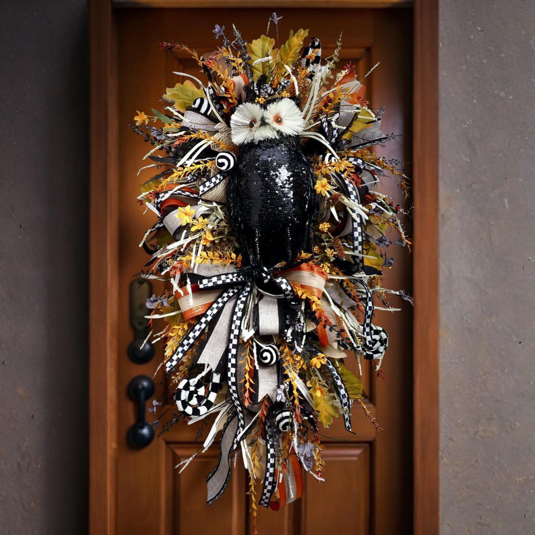 XXL Elegant Fall Owl Door Swag With Black Sequin Owl, Autumn Front Door ...