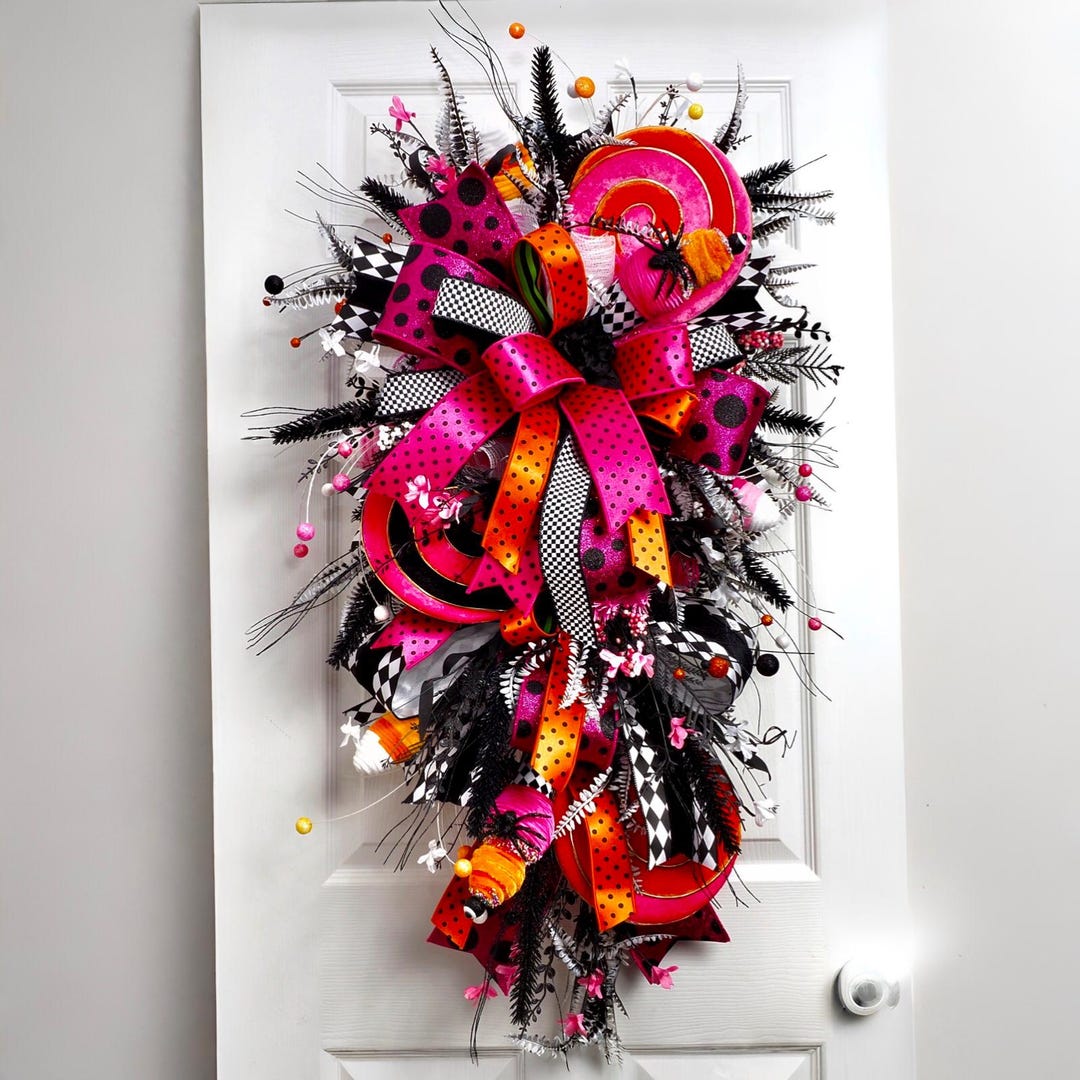 XL Whimsical Halloween Candy Door Swag, Pink Orange Black Halloween ...