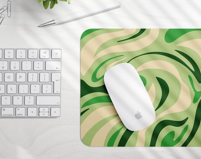Green Retro Swirl Mouse Pad, Trendy Stripes Mouse Pad, Wavy Lines ...