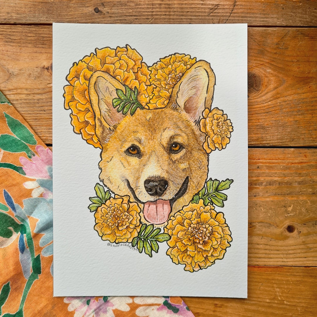 Corgi Art Print Orange Print for Living Room Floral Art Print Gift for ...