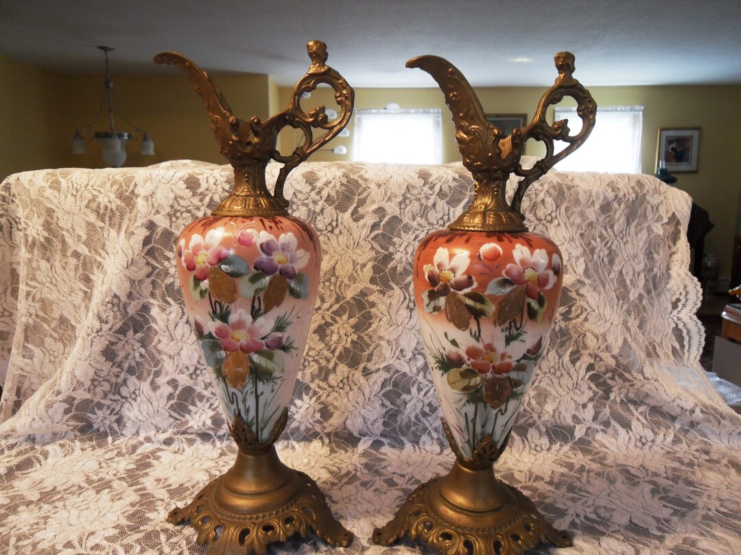 Antique Pair of Victorian Mantle Ewer Vase, Hand Painted Glass - Etsy