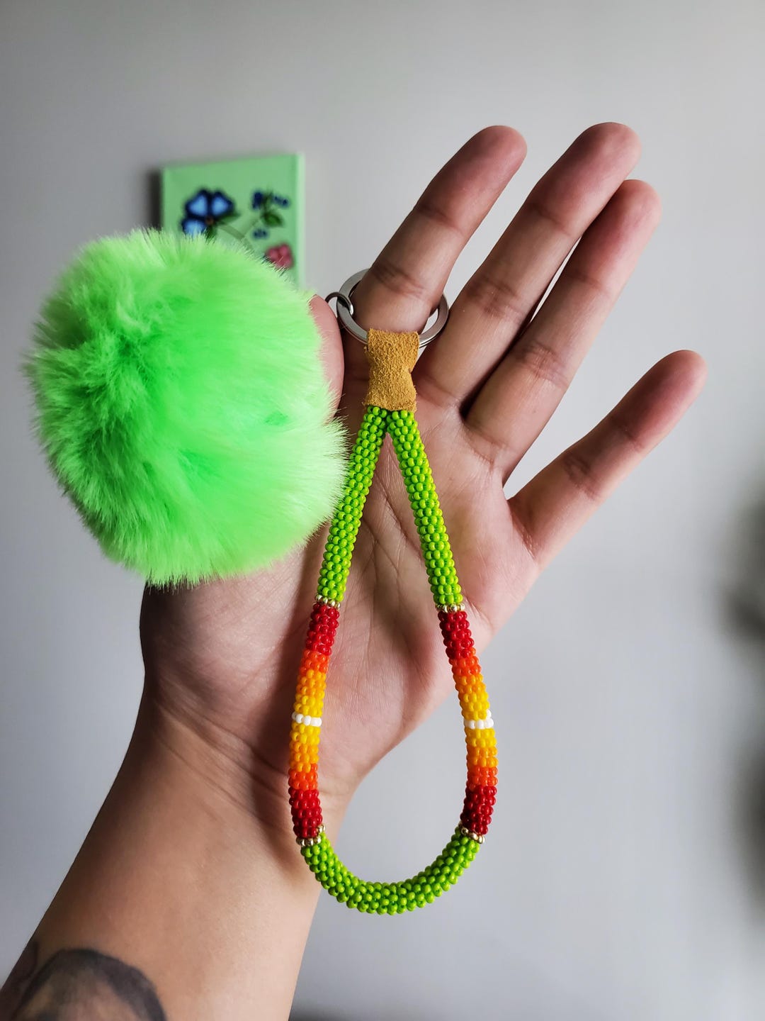 Beaded Keychain With Pompom—lime | Keychains | Beaded Wristlet | Pompom ...