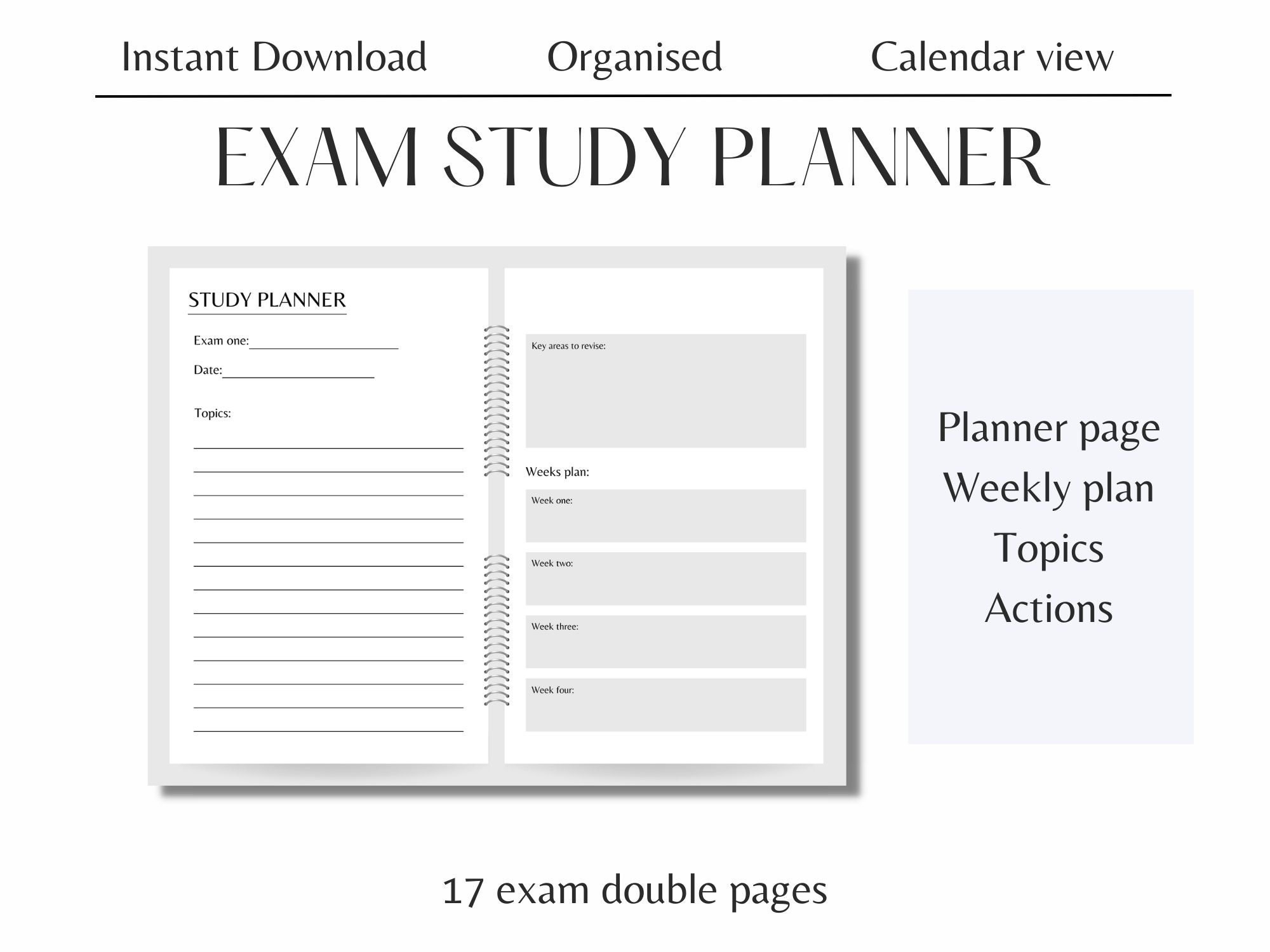 Exam Study Planner, Digital Download, Revision Planner, Digital Study ...