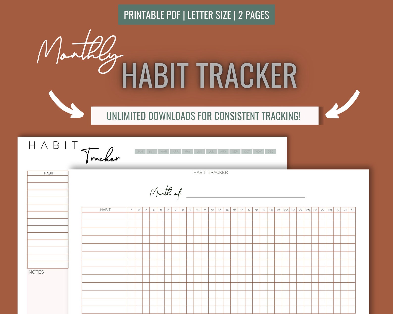 Habit Tracker Planner Printable Letter Size Habit Checklist Monthly ...