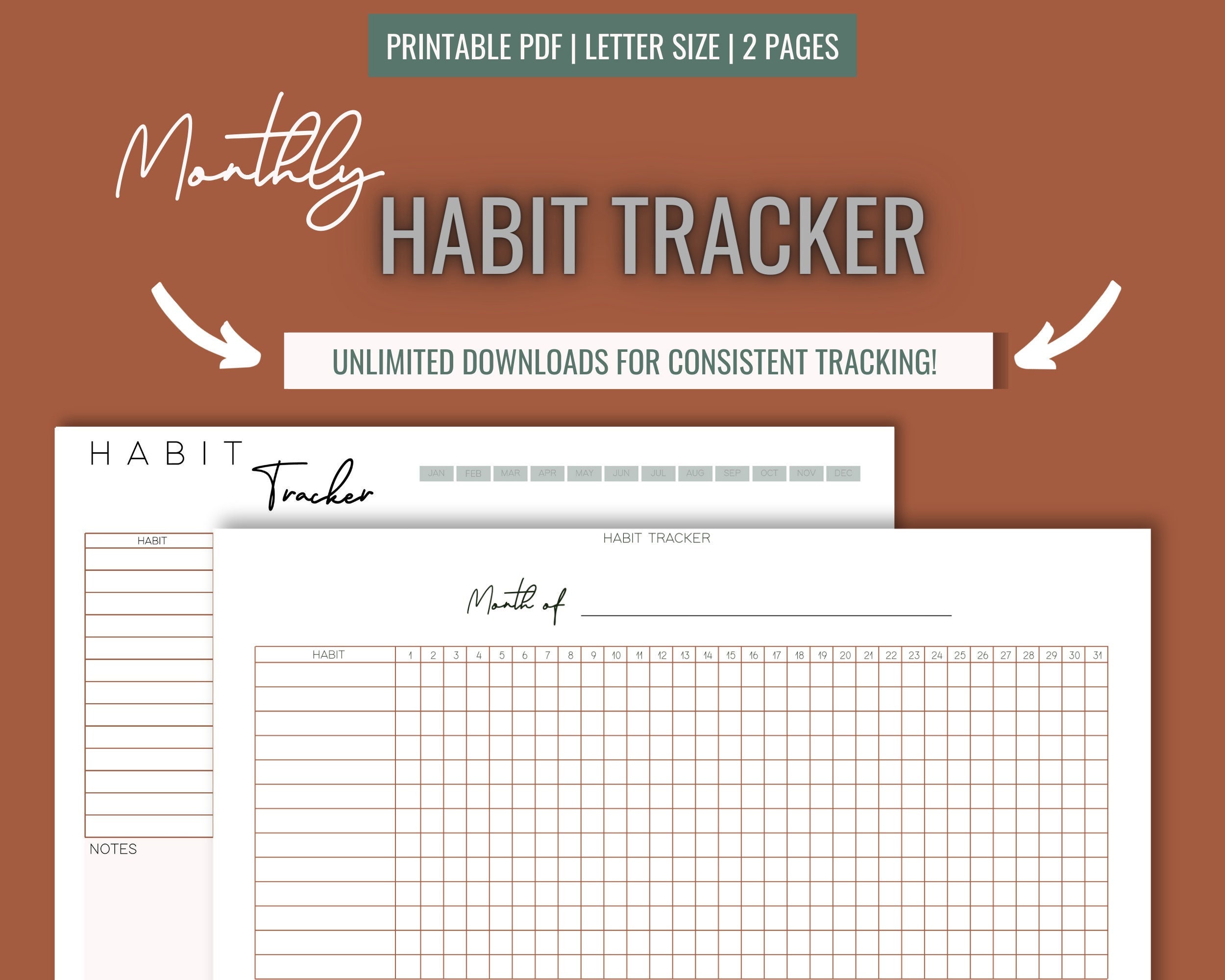 Habit Tracker Planner Printable Letter Size Habit Checklist Monthly ...