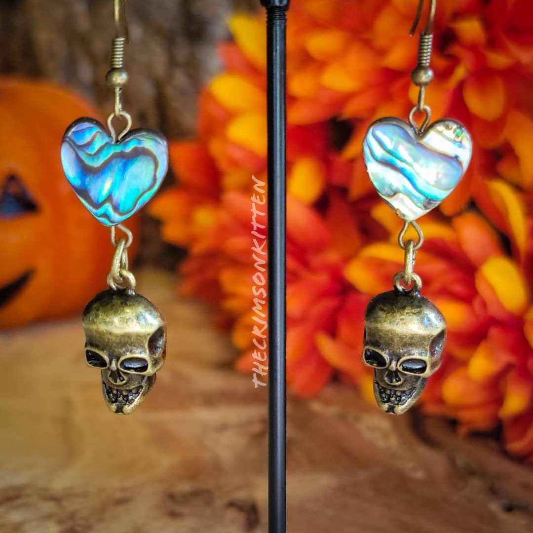 Heart Shaped Abalone Sea Shell Healing Crystal Bronze Skull Skeleton ...