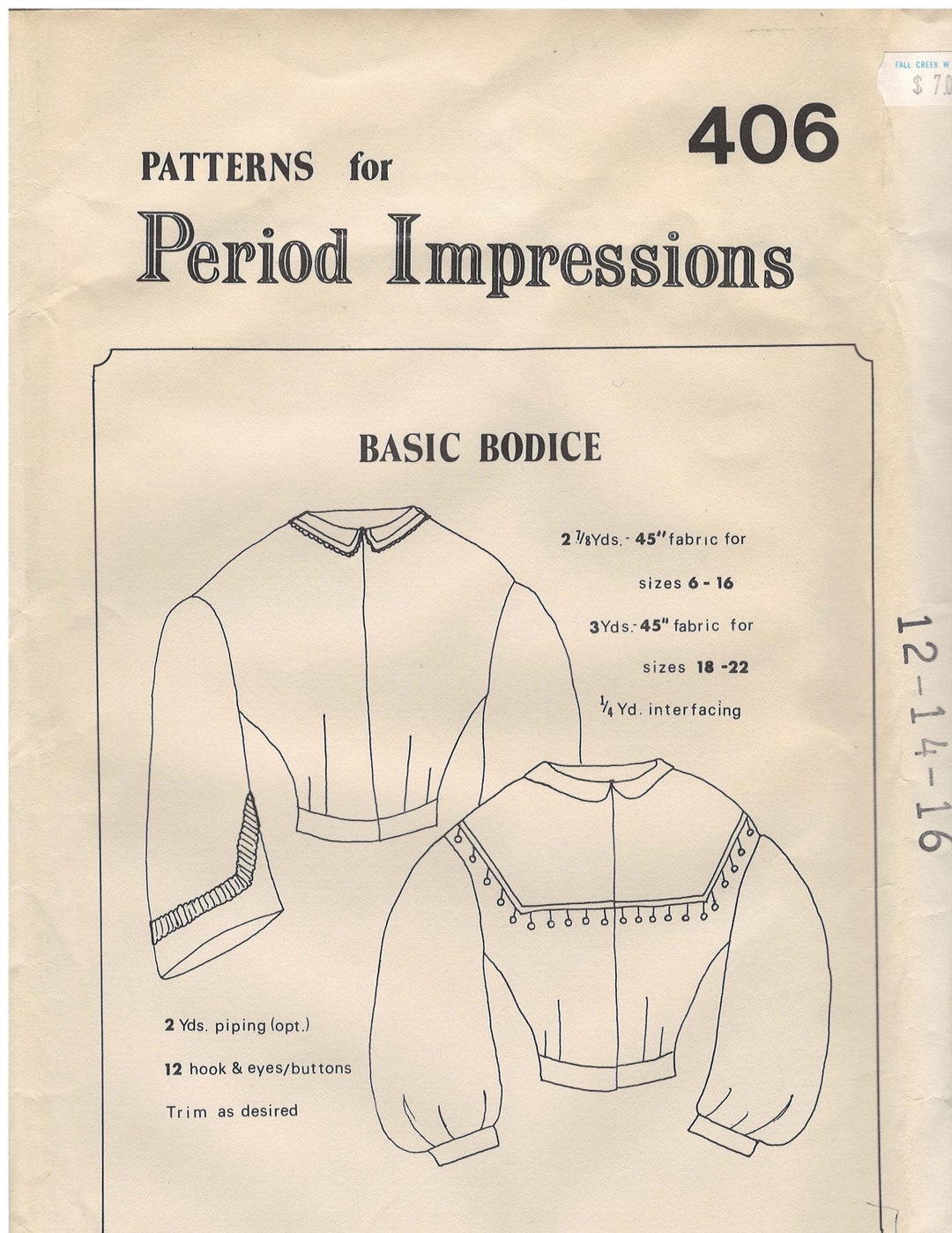 Period Impressions 406 1860s Basic Bodice Sewing Pattern, Size 12-16 ...