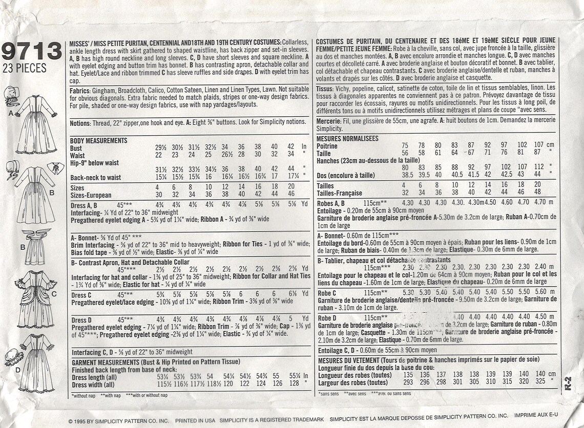 Simplicity 9713 18th/17th Century Costume Sewing Patterns, Size 10-12 ...