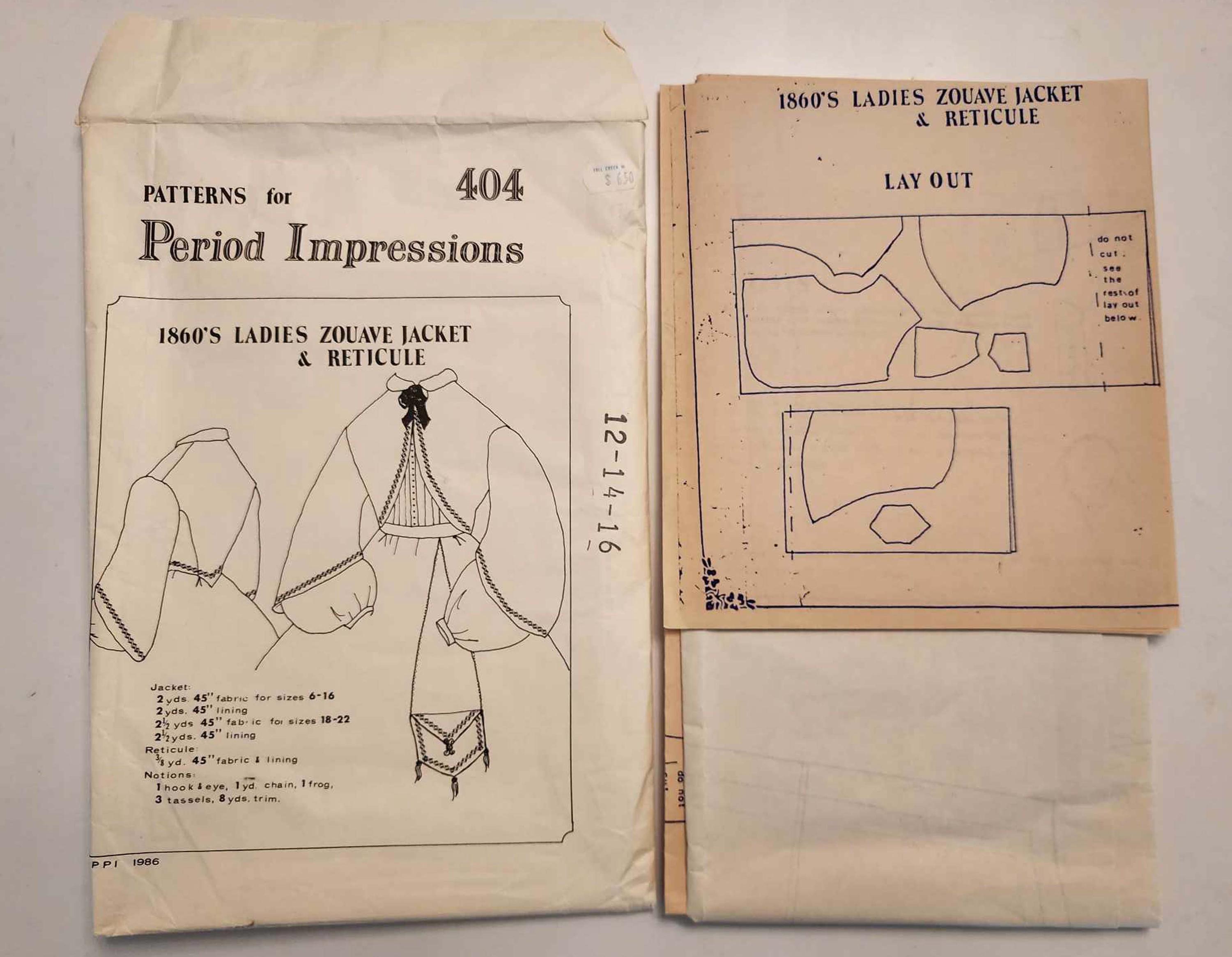 Period Impressions 404 1860s Ladies Zouave Jacket & Reticule Sewing ...