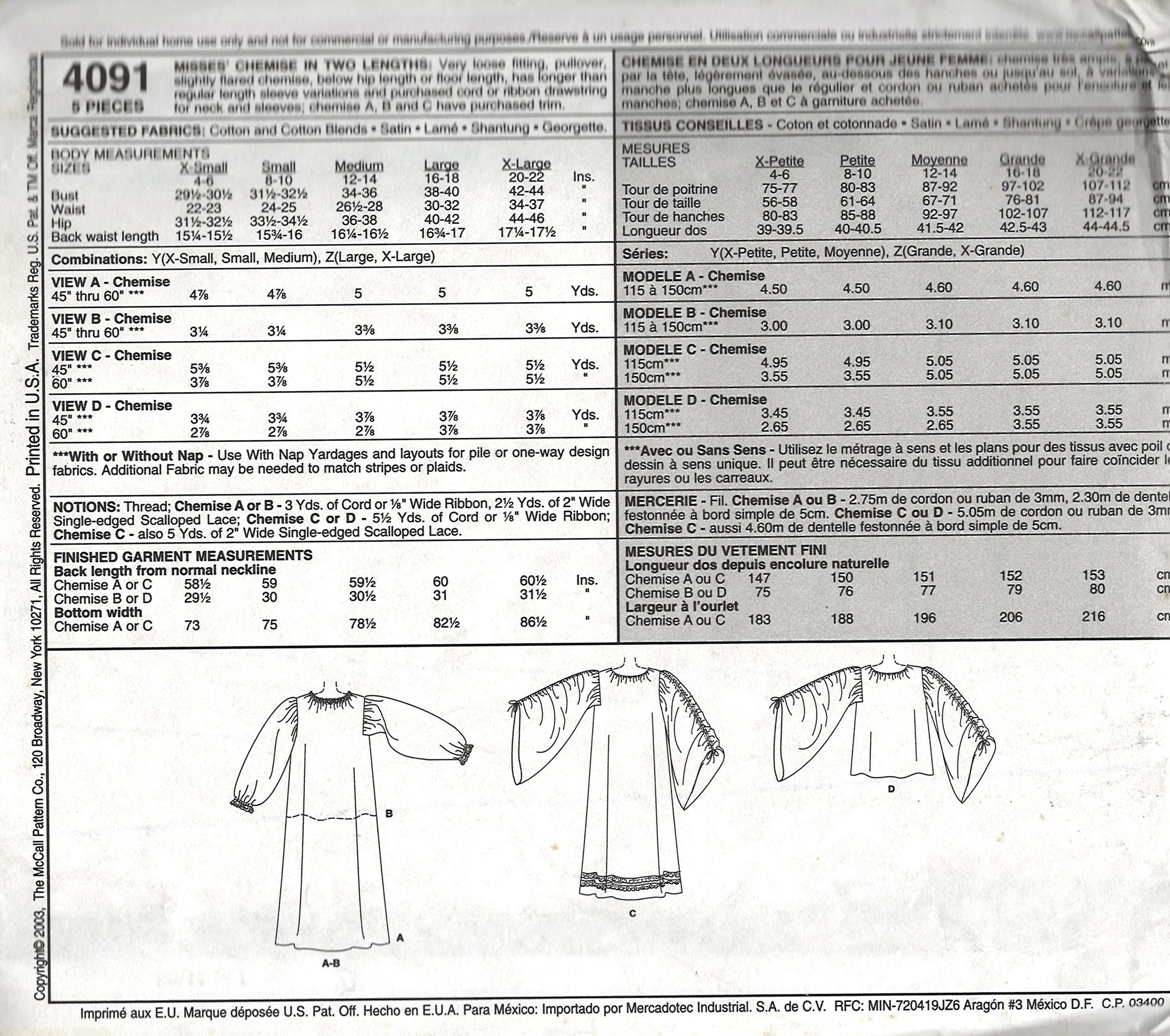Mccall's M4091 Misses Chemise in Two Lengths Sewing Pattern, Size Xsm ...