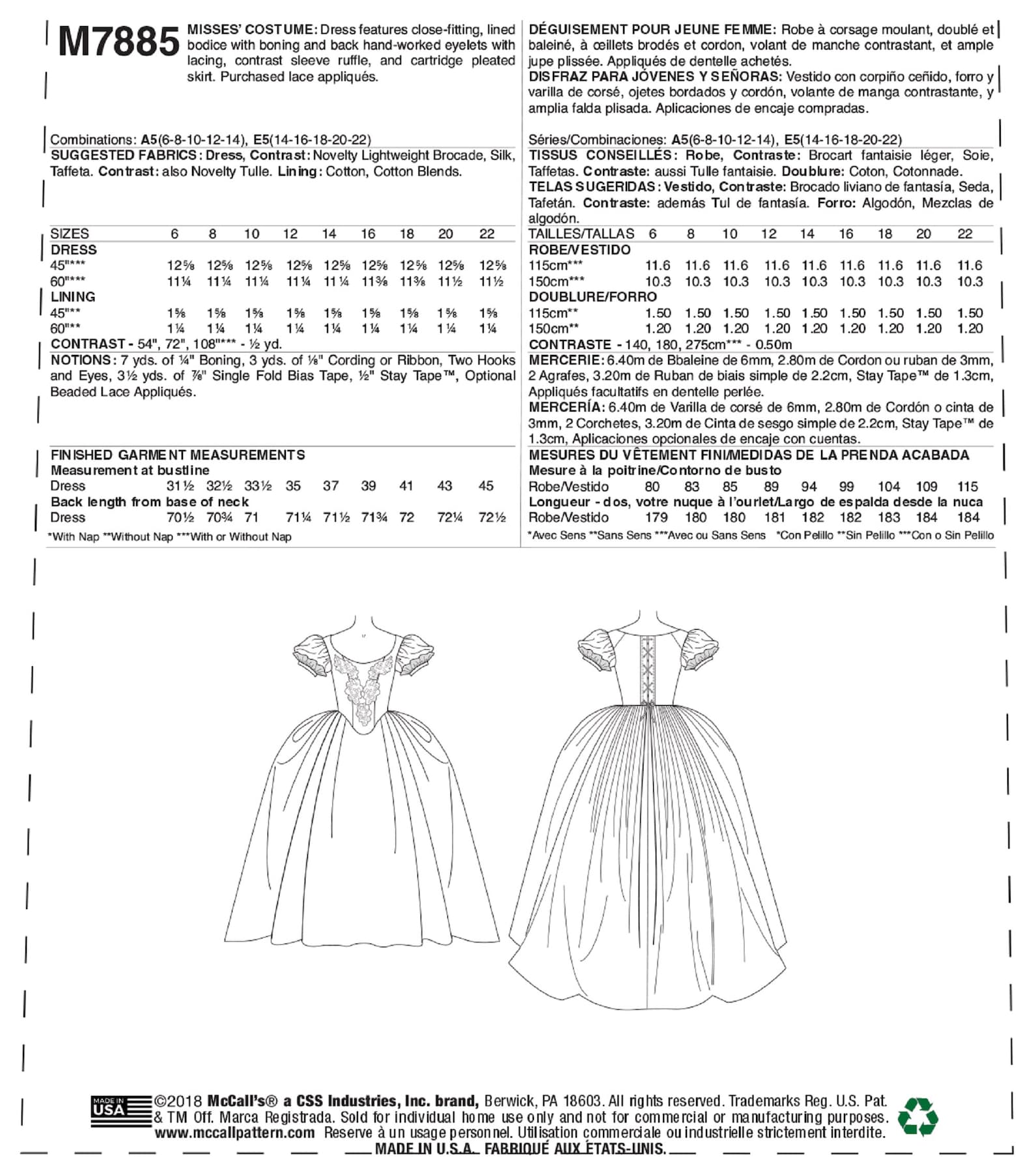 Mccall's M7885 Angela Clayton 19th Century Style Ball Gown Prom Dress ...